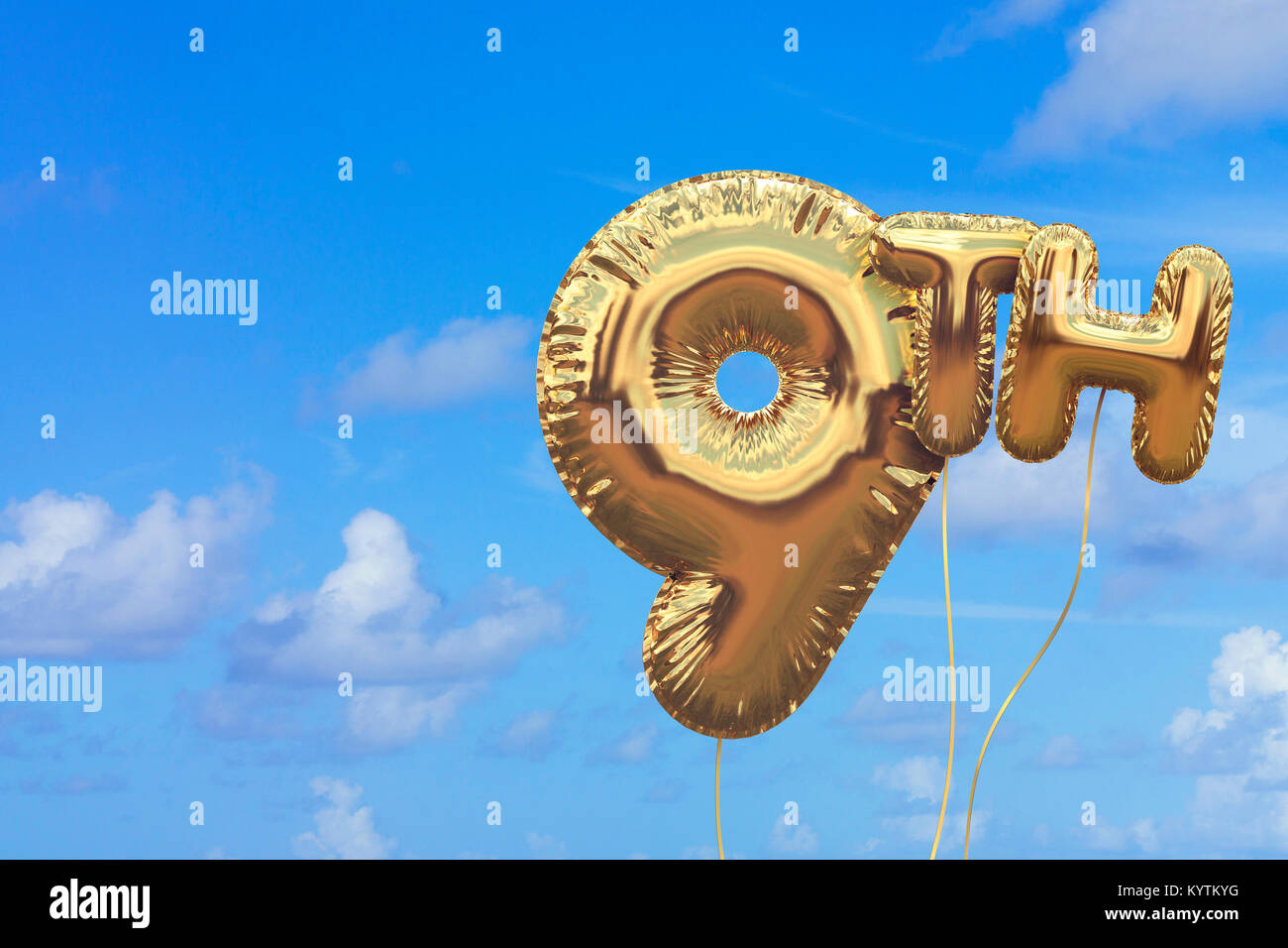 Gold number 9 foil birthday balloon against a bright blue summer sky ...