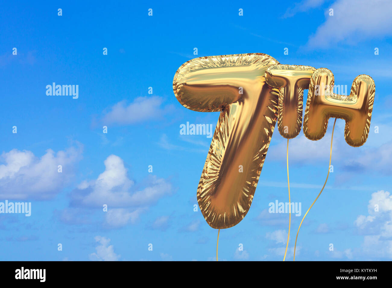 Gold number 7 foil birthday balloon against a bright blue summer sky ...
