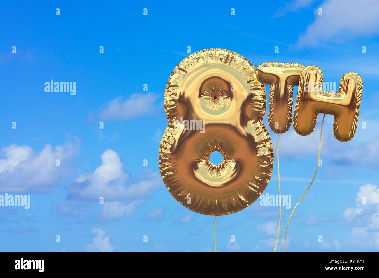 Gold number 8 foil birthday balloon against a bright blue summer sky ...