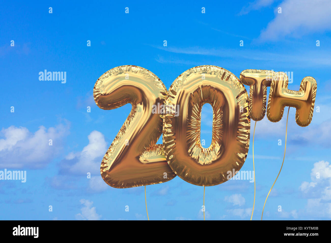 Gold number 20 foil birthday balloon against a bright blue summer sky ...