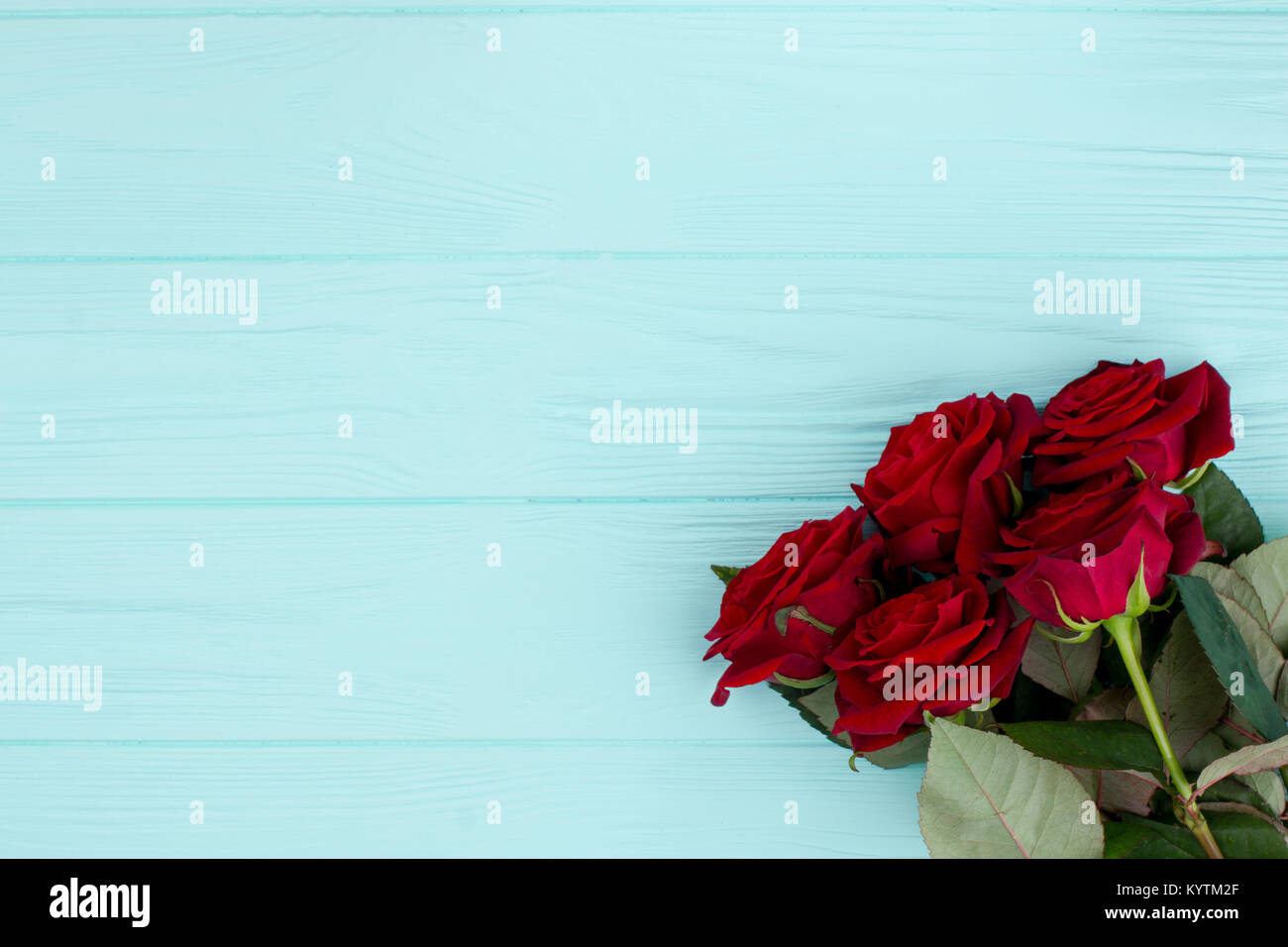 Bouquet of roses, copy space. Red roses on blue wooden background ...