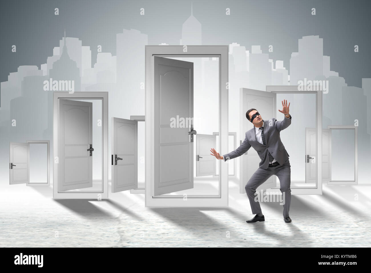 Confused businessman in front of doors Stock Photo - Alamy