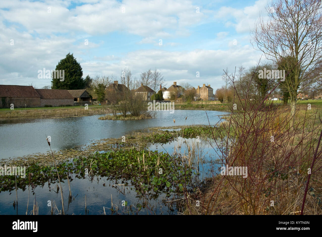 The village green, reputedly the longest in England, in spring sunshine ...