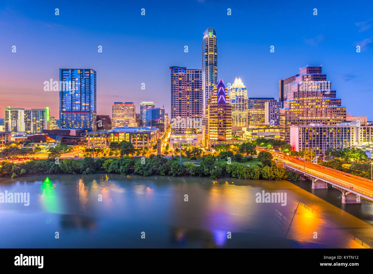 Austin, Texas, USA downtown skyline over the Colorado River Stock Photo ...