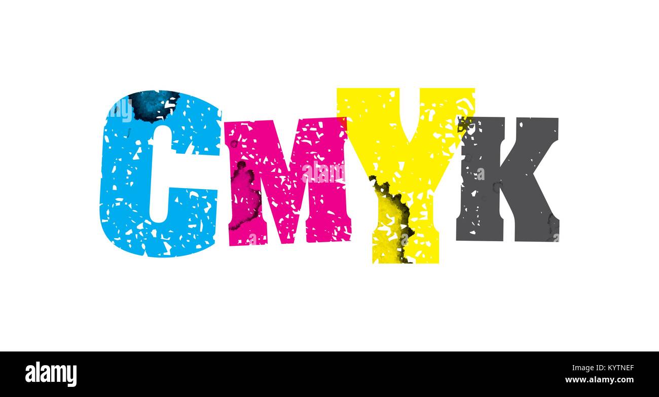 The word CMYK concept printed in letterpress hand stamped colorful ...