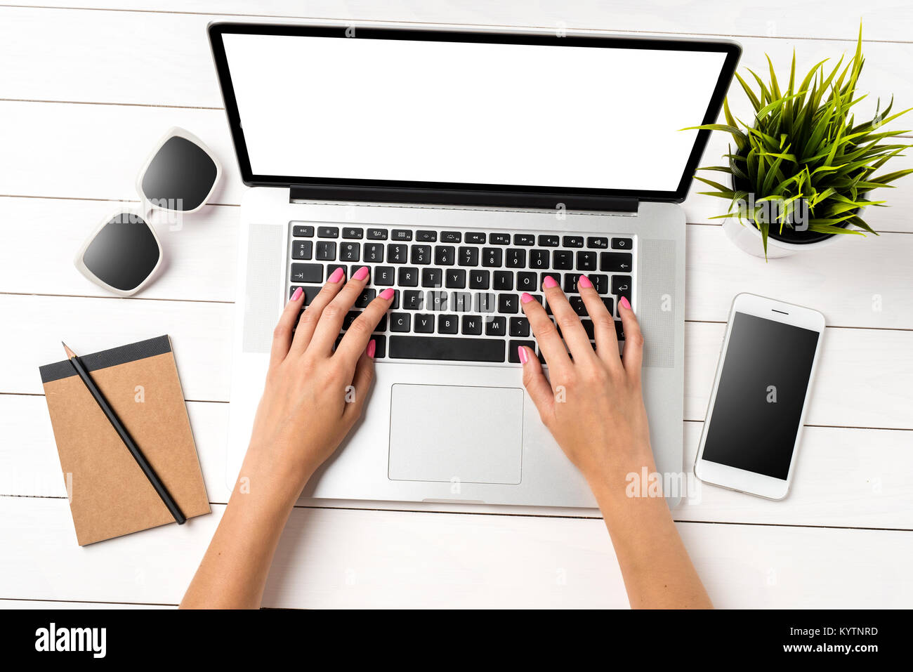 Woman using modern white laptop in office. Top view Stock Photo - Alamy