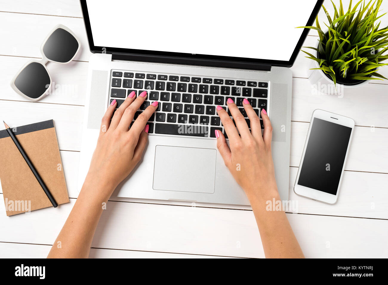 Woman using modern white laptop in office. Top view Stock Photo - Alamy