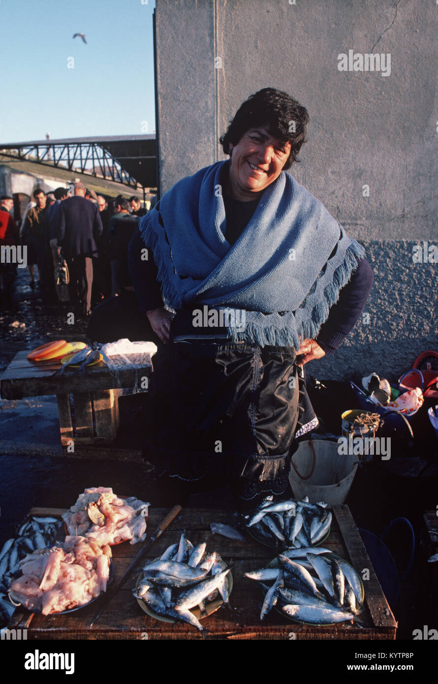 Fisherwomen at Lisbon fishmarket on the banks of the Tagus River ...