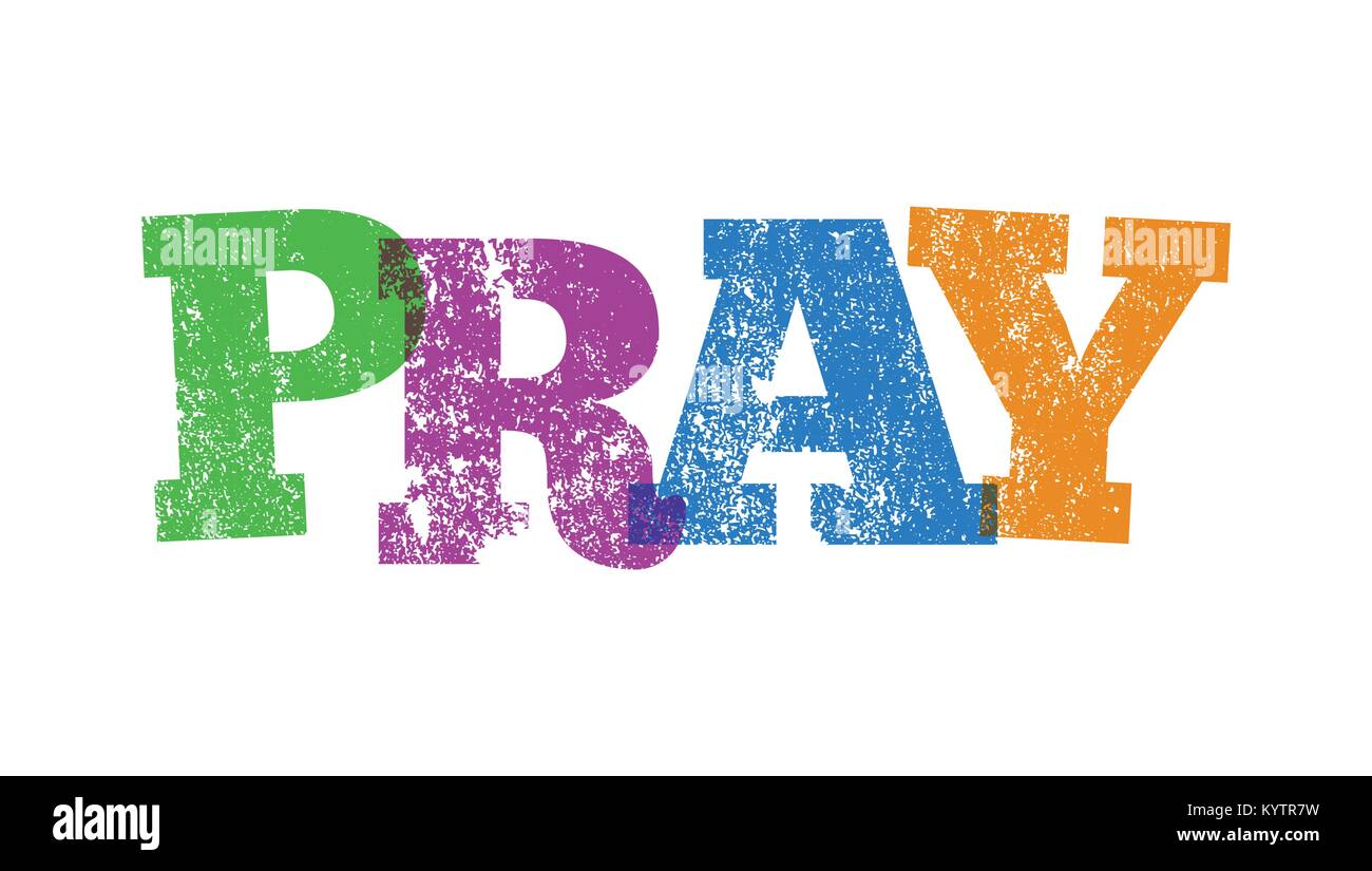 The word PRAY stamped in colorful ink on a white background ...