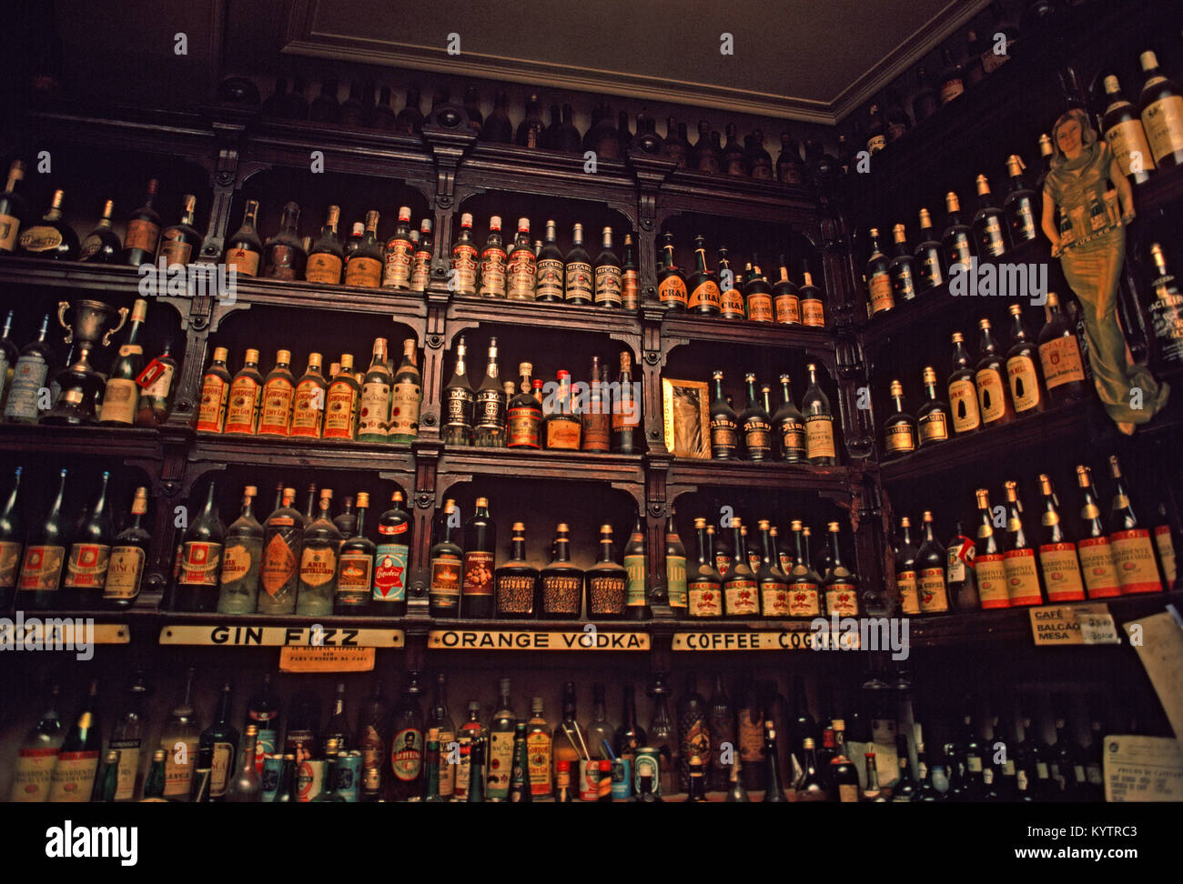 Stacks of alcohol bottles in British Bar, Lisbon, Portugal Stock Photo ...