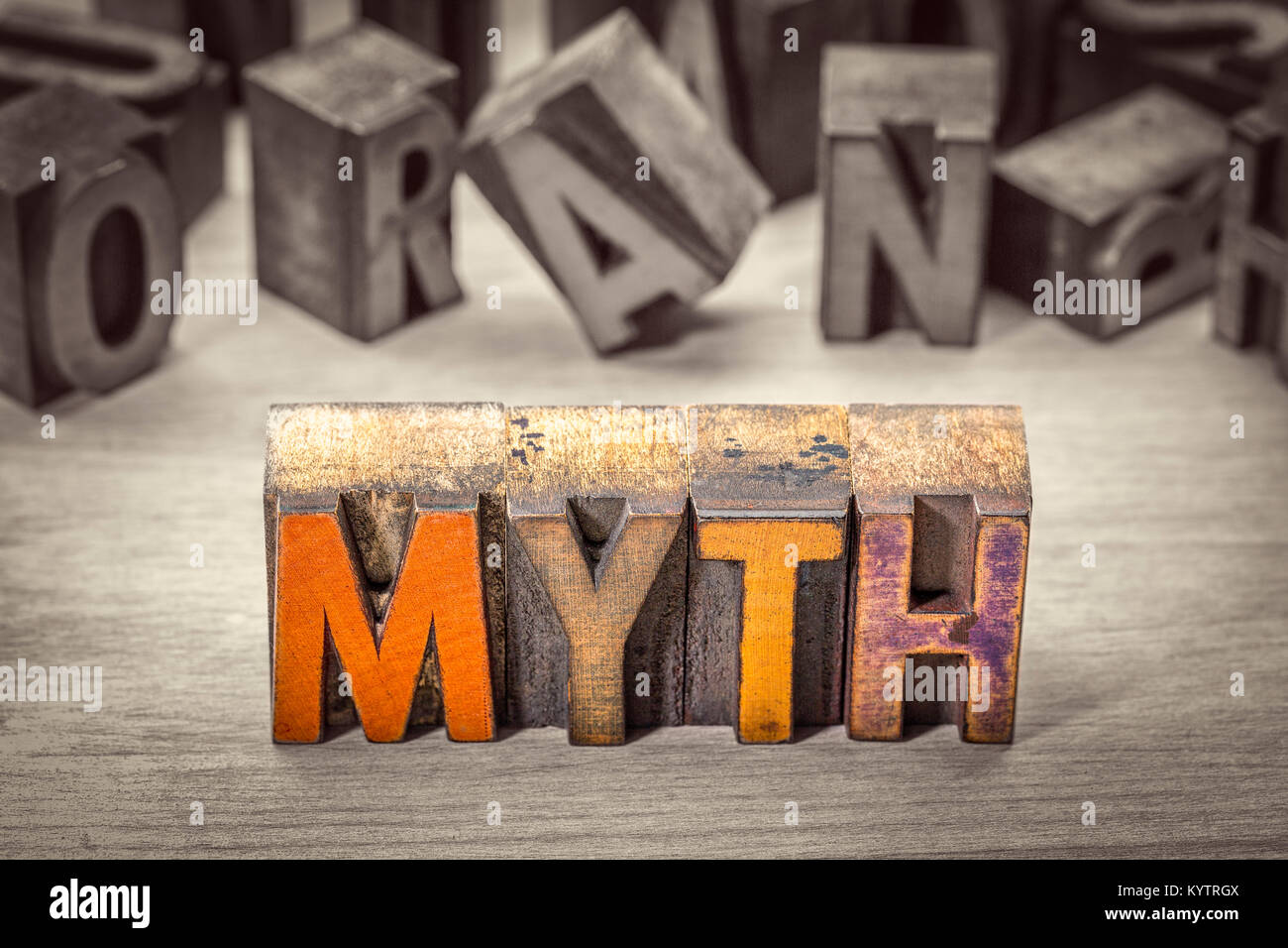 myth word abstract in vintage letterpress wood type printing blocks ...