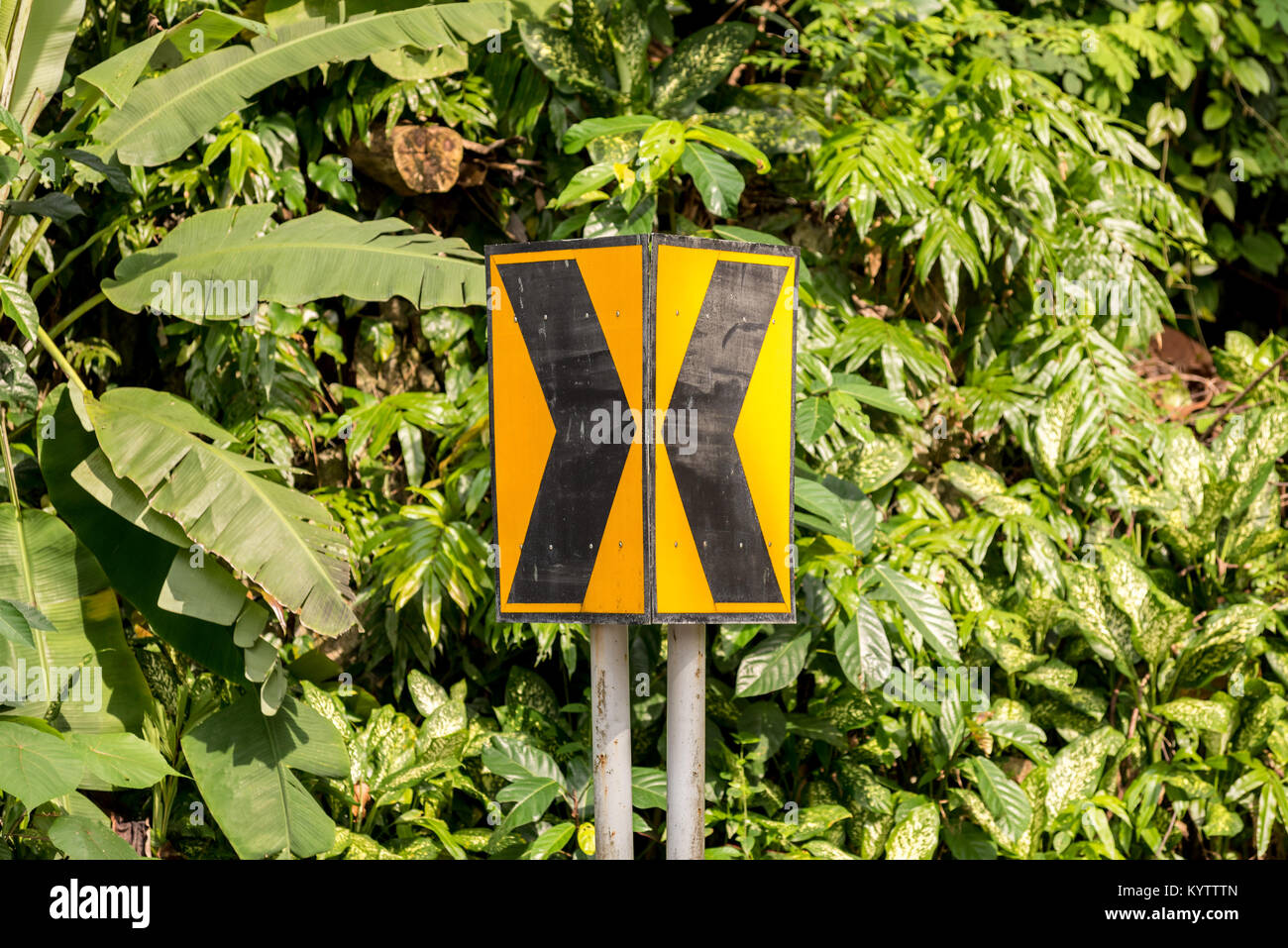 Two directional arrow road signs pointing towards each other with a ...