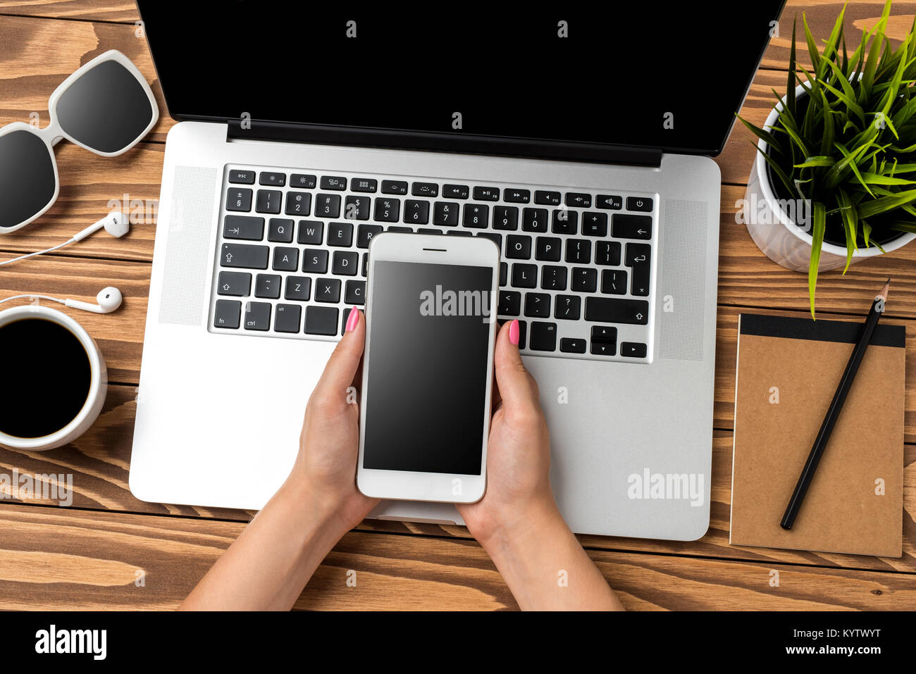 Overhead shot of woman working in a home office. Top view Stock Photo ...