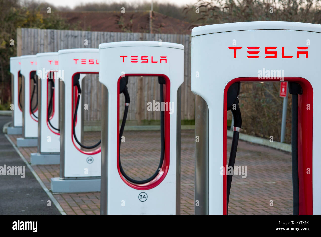 Picture shows a Tesla Supercharger point for electric vehicles in a car ...
