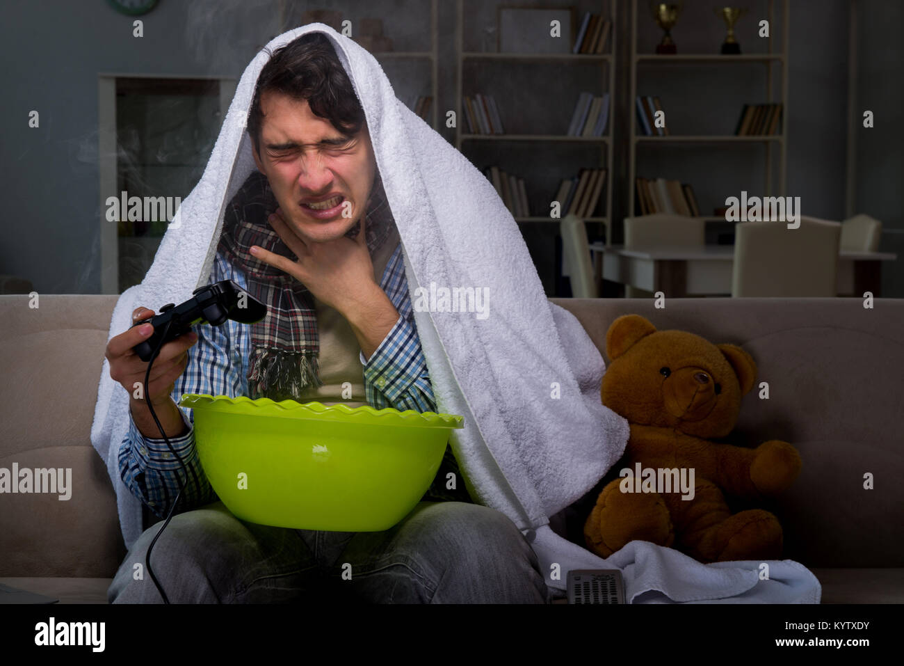 Sick man doing inhalation at night in home Stock Photo - Alamy