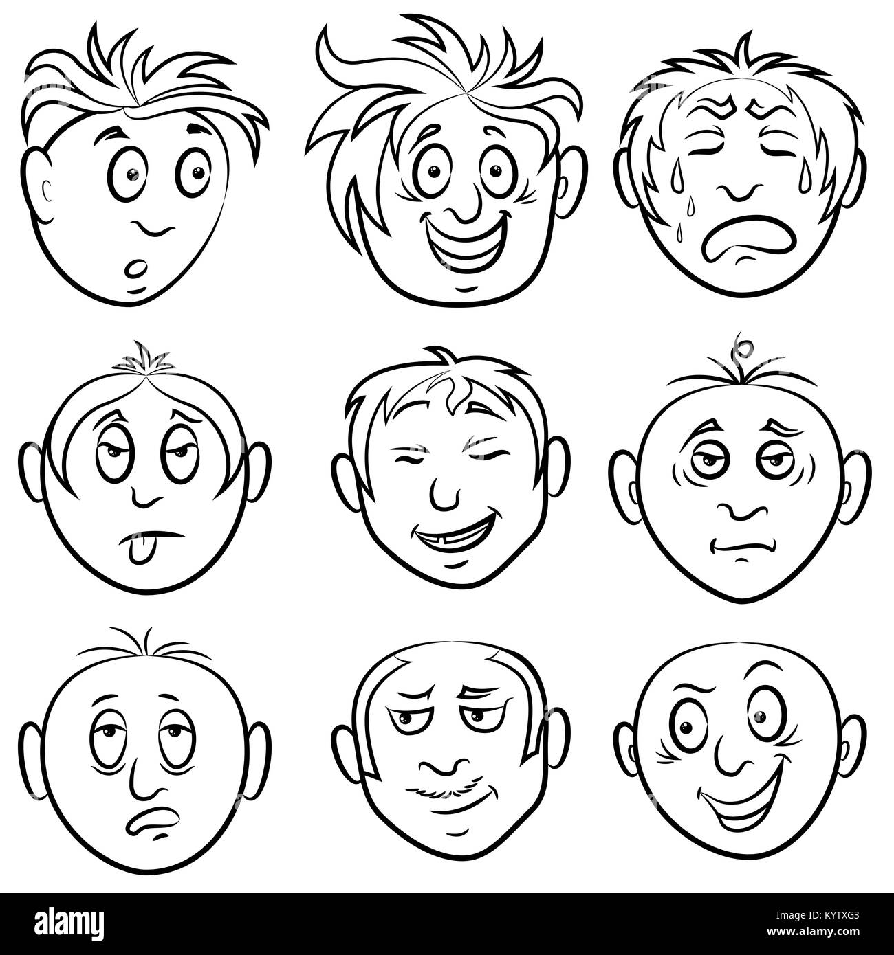Set of nine various amusing male grimaces, sketching cartoon vector ...
