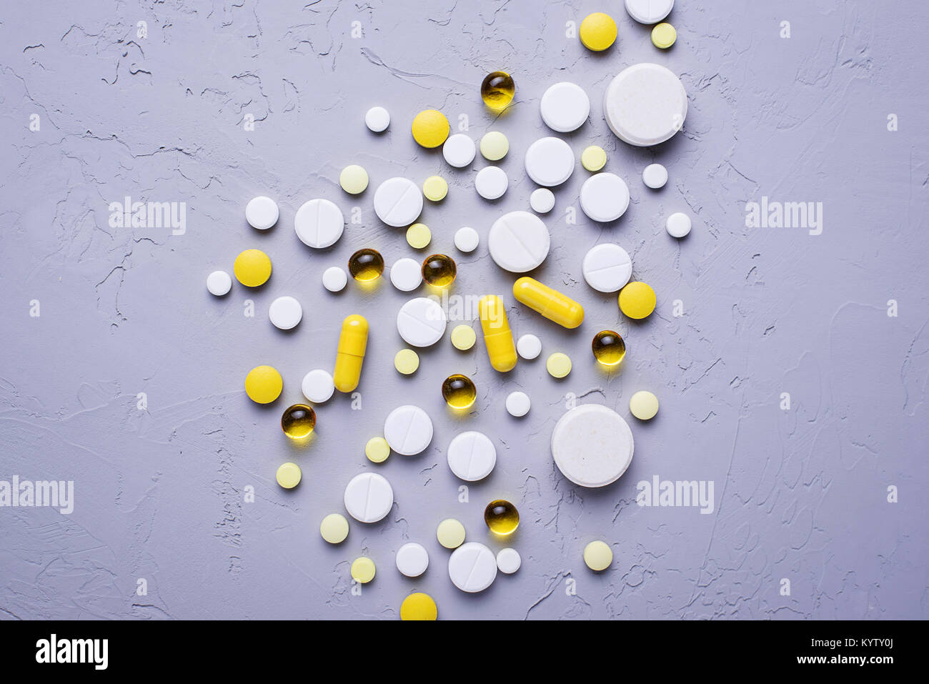 Different pills, tablets and capsules. Assorted of medicines. Top view ...