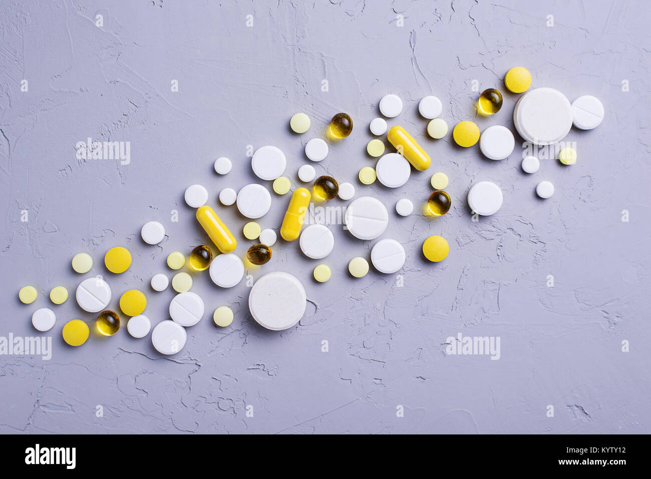 Different pills, tablets and capsules. Assorted of medicines. Top view ...