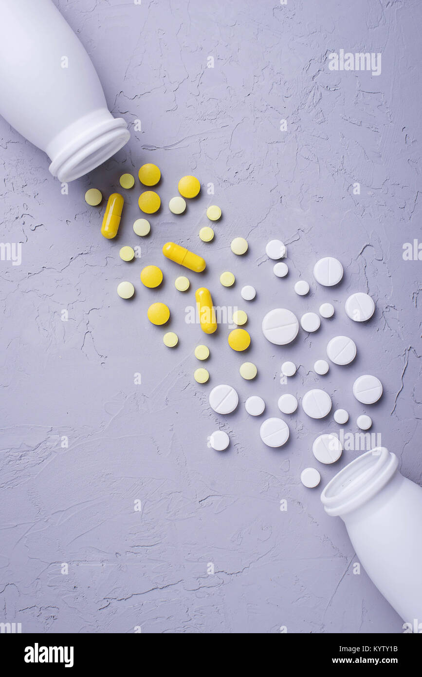 Different pills, tablets and capsules. Assorted of medicines. Top view ...