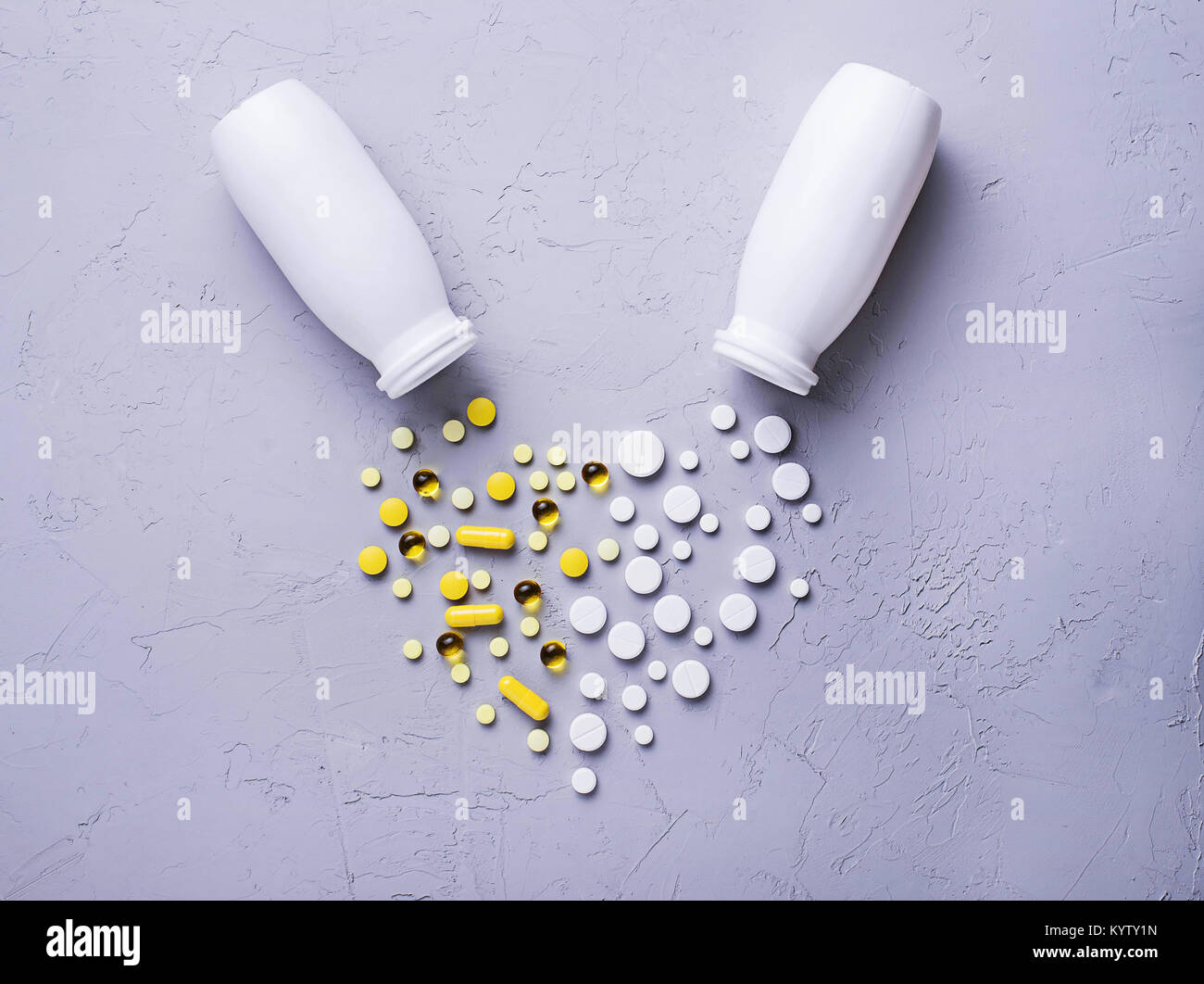 Different pills, tablets and capsules. Assorted of medicines. Top view ...