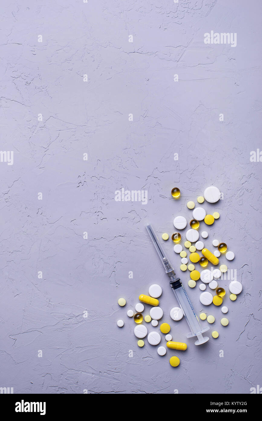 Different pills, tablets and capsules. Assorted of medicines. Top view ...