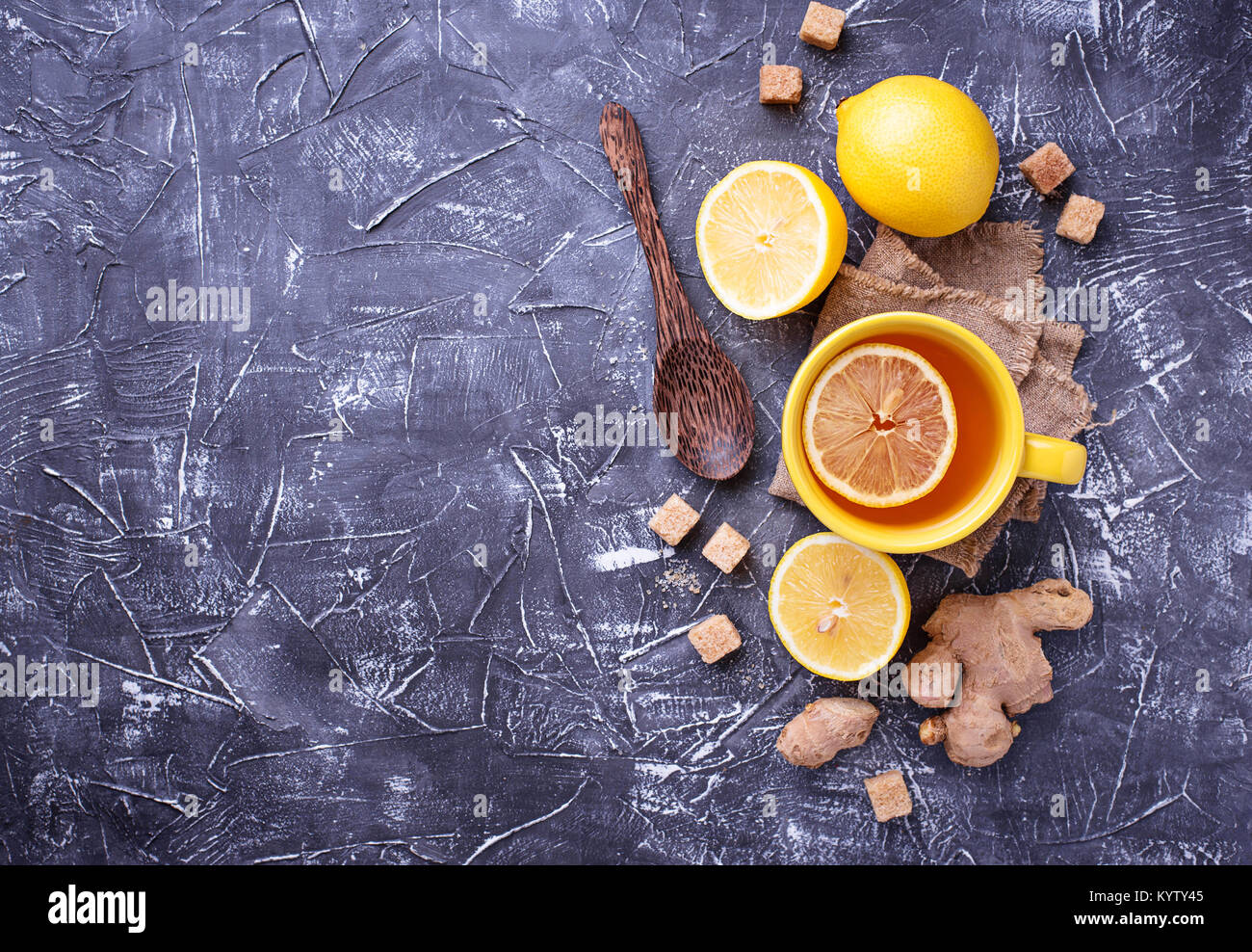 Hot tea with lemon and ginger. Top view Stock Photo - Alamy
