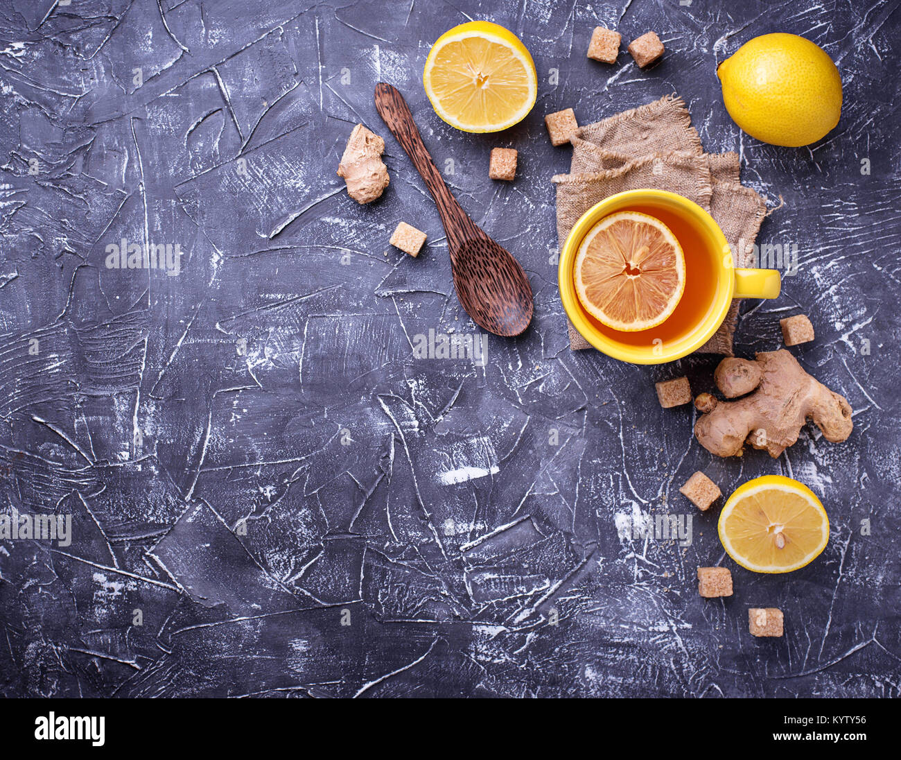 Hot tea with lemon and ginger. Top view Stock Photo - Alamy