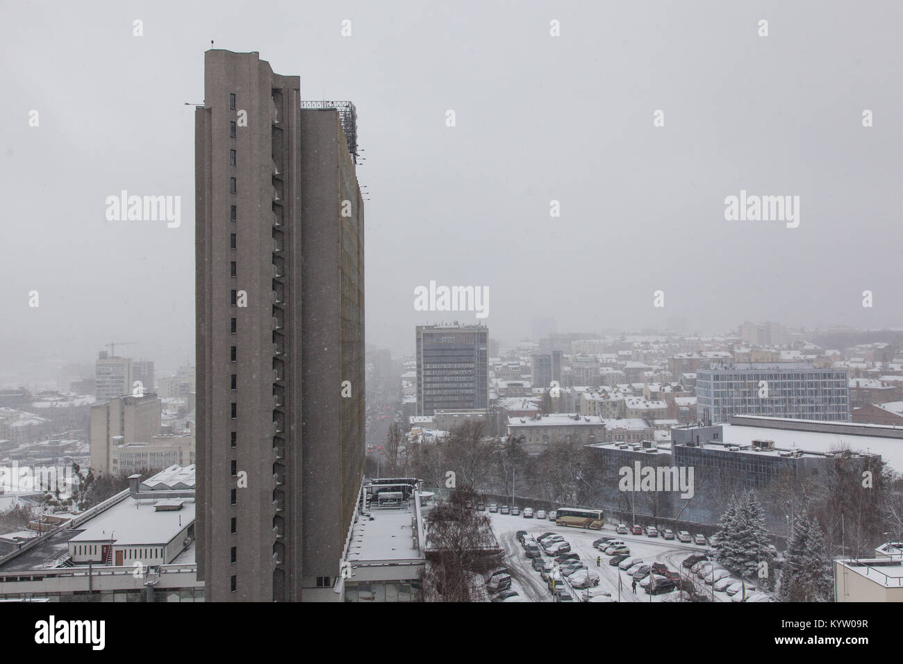 Aerial view of Kiev (Kyiv) city, Ukraine covered by fresh snow in ...
