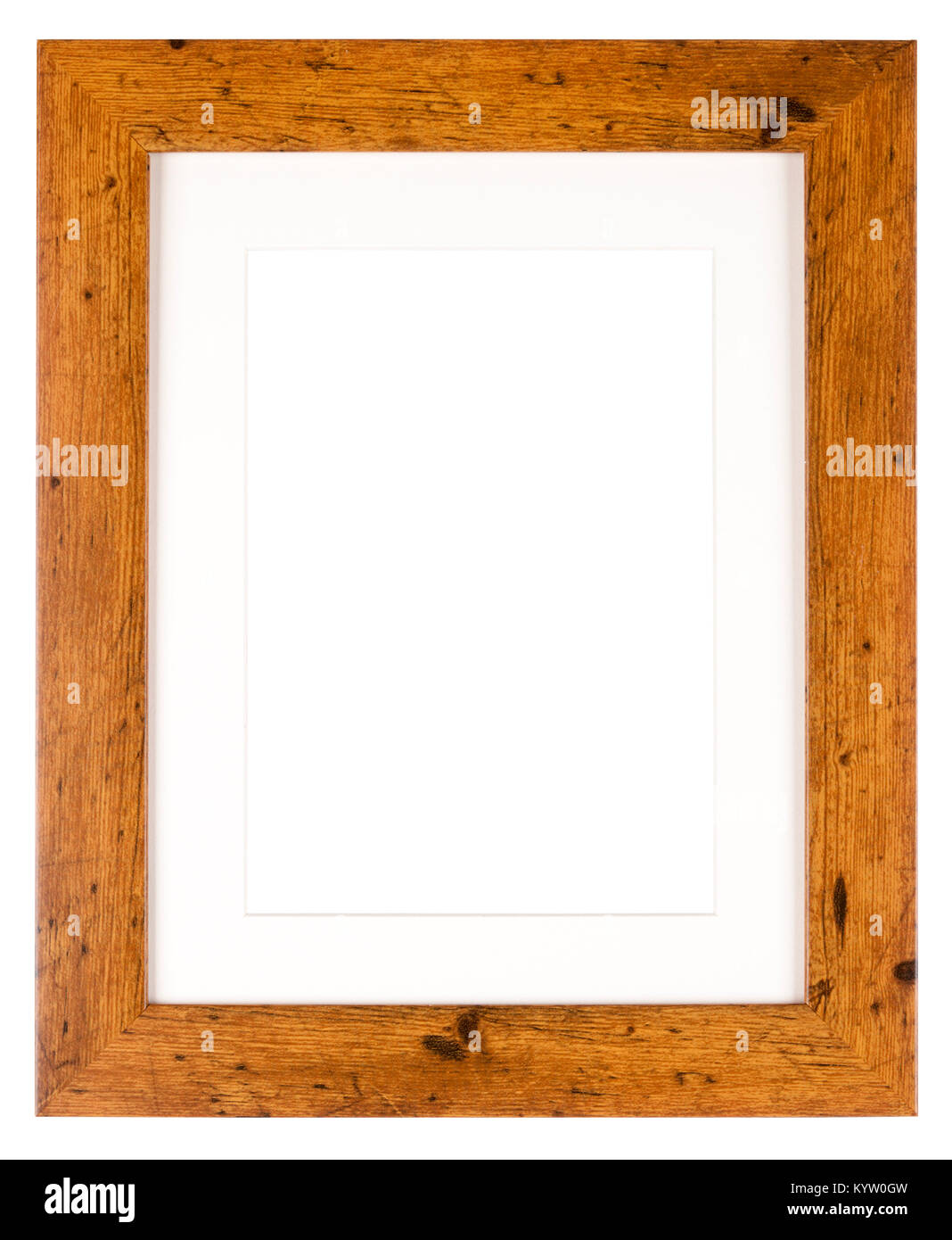 Empty picture frame isolated on white in a simple wood grain moulding ...