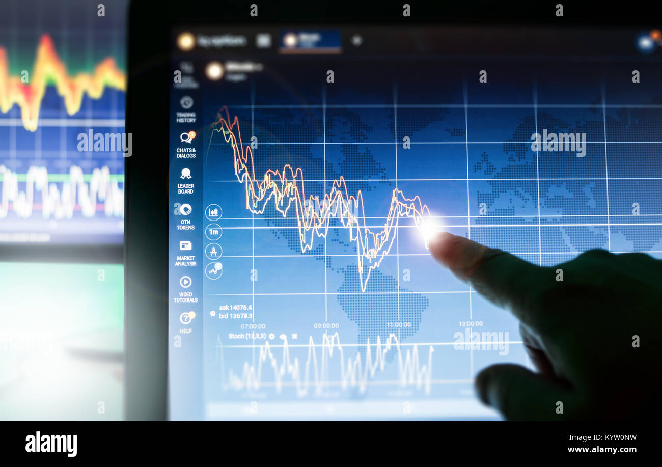 Crypto Currencies, Hand showing graph charts on screen Stock Photo - Alamy