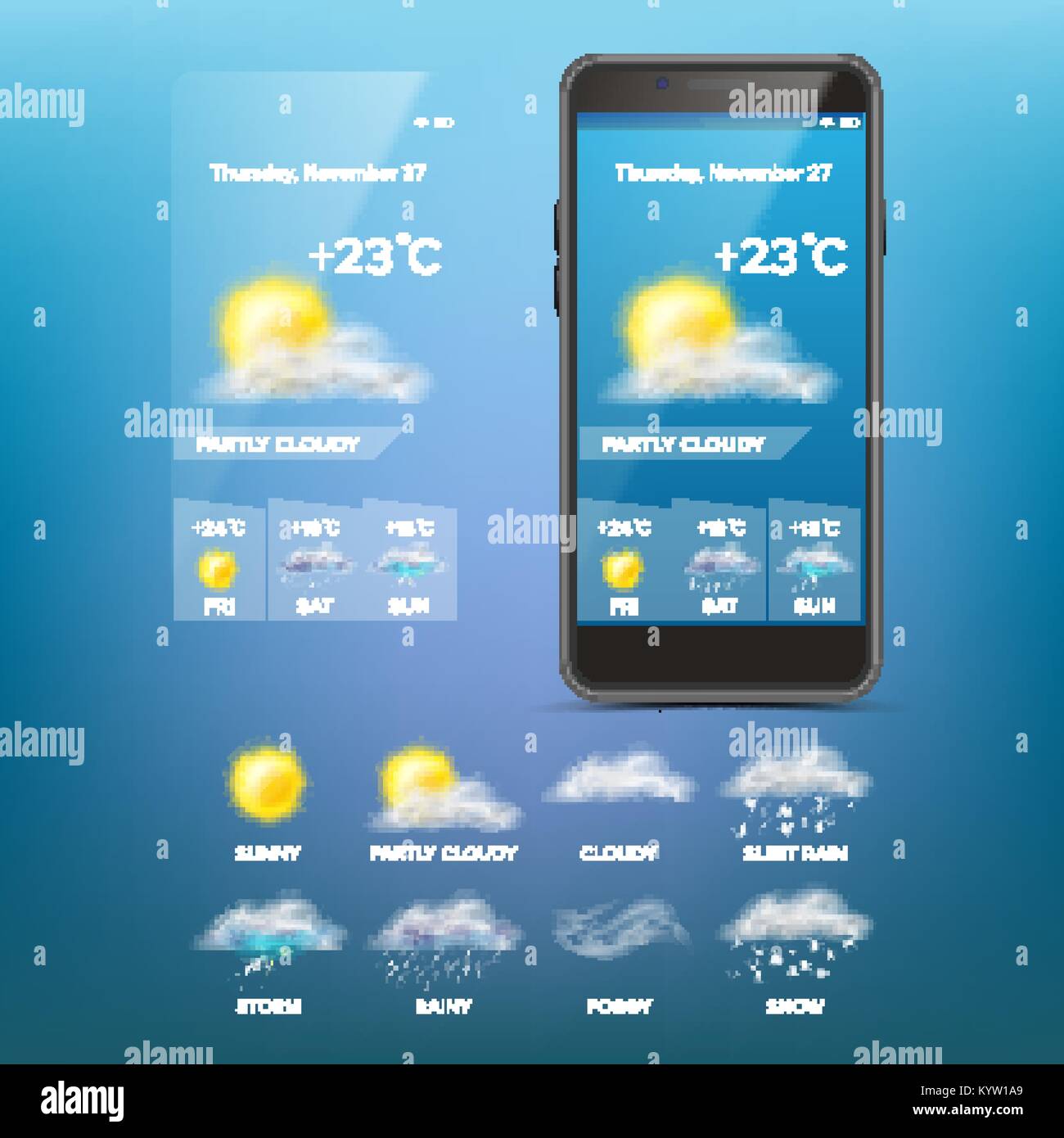 Weather Forecast App Vector. Weather Icons Set. Blue Background. Mobile ...