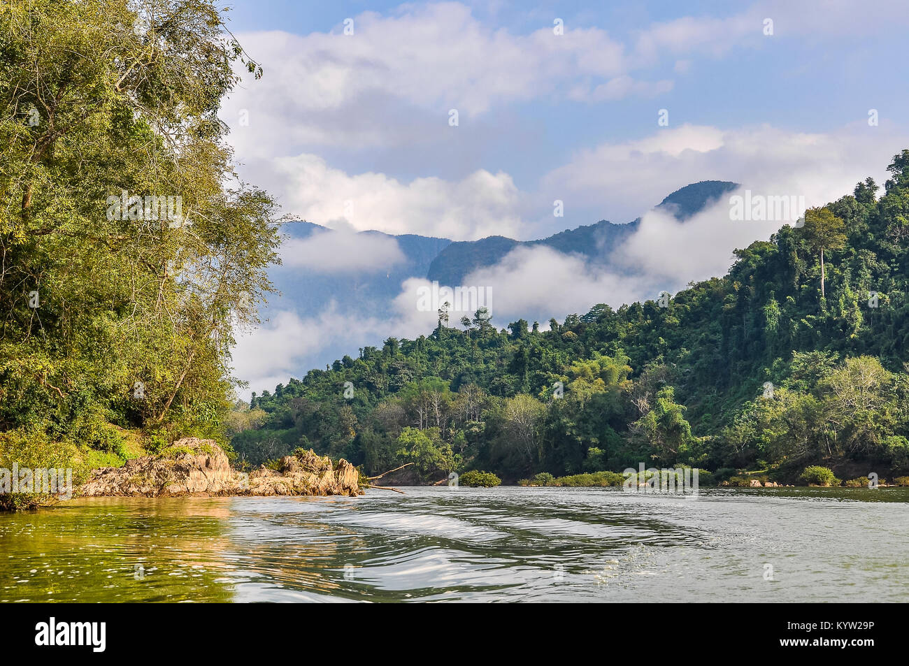 Riverside landscape on the Nam OU river in Northern Laos Stock Photo ...