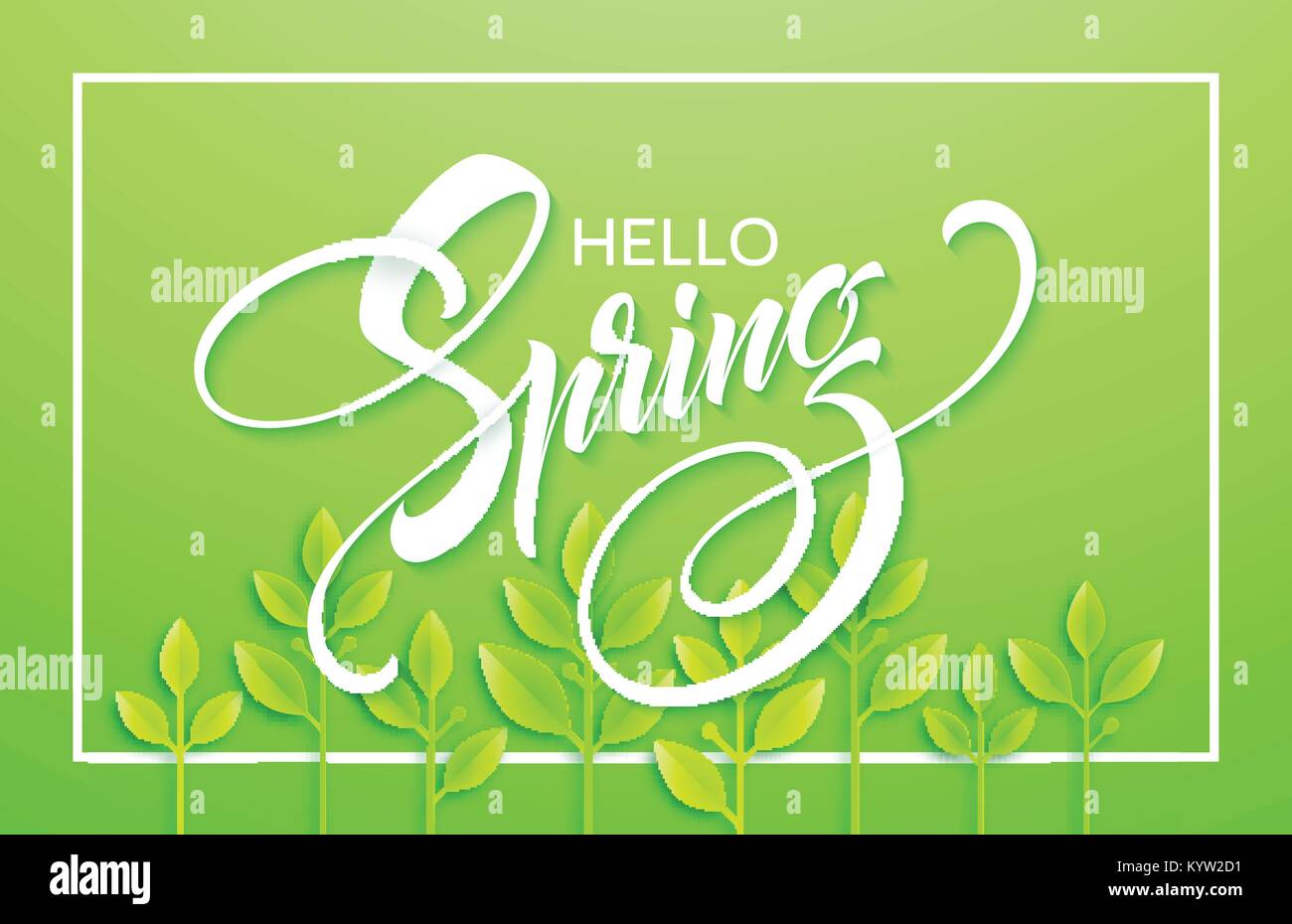 Hello Spring with paper green leaves background. Vector illustration ...