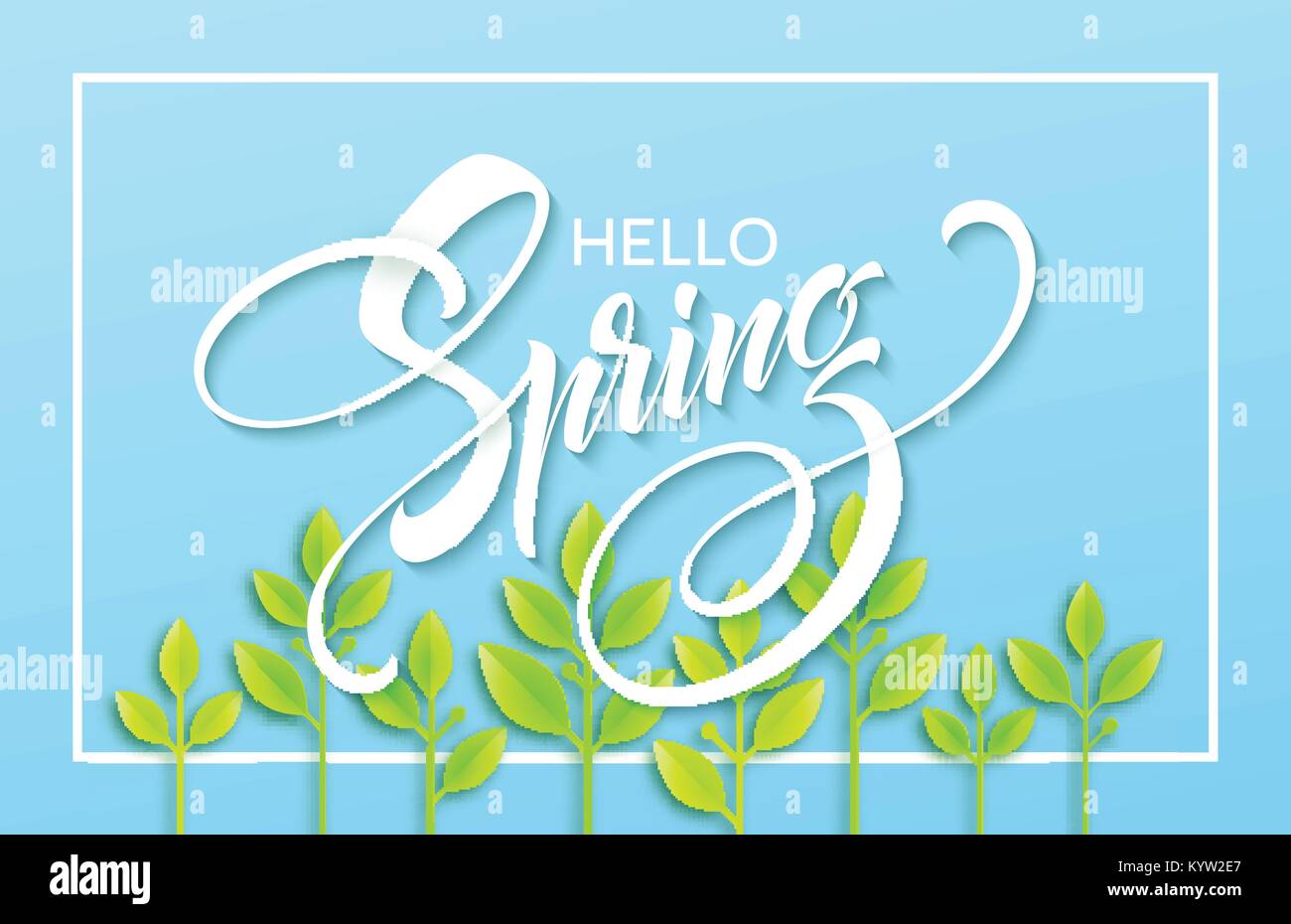 Hello Spring with paper green leaves background. Vector illustration ...