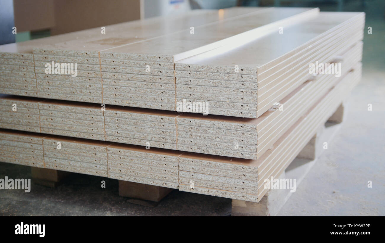 Stack of wood particleboard panels on the warehouse or factory Stock ...