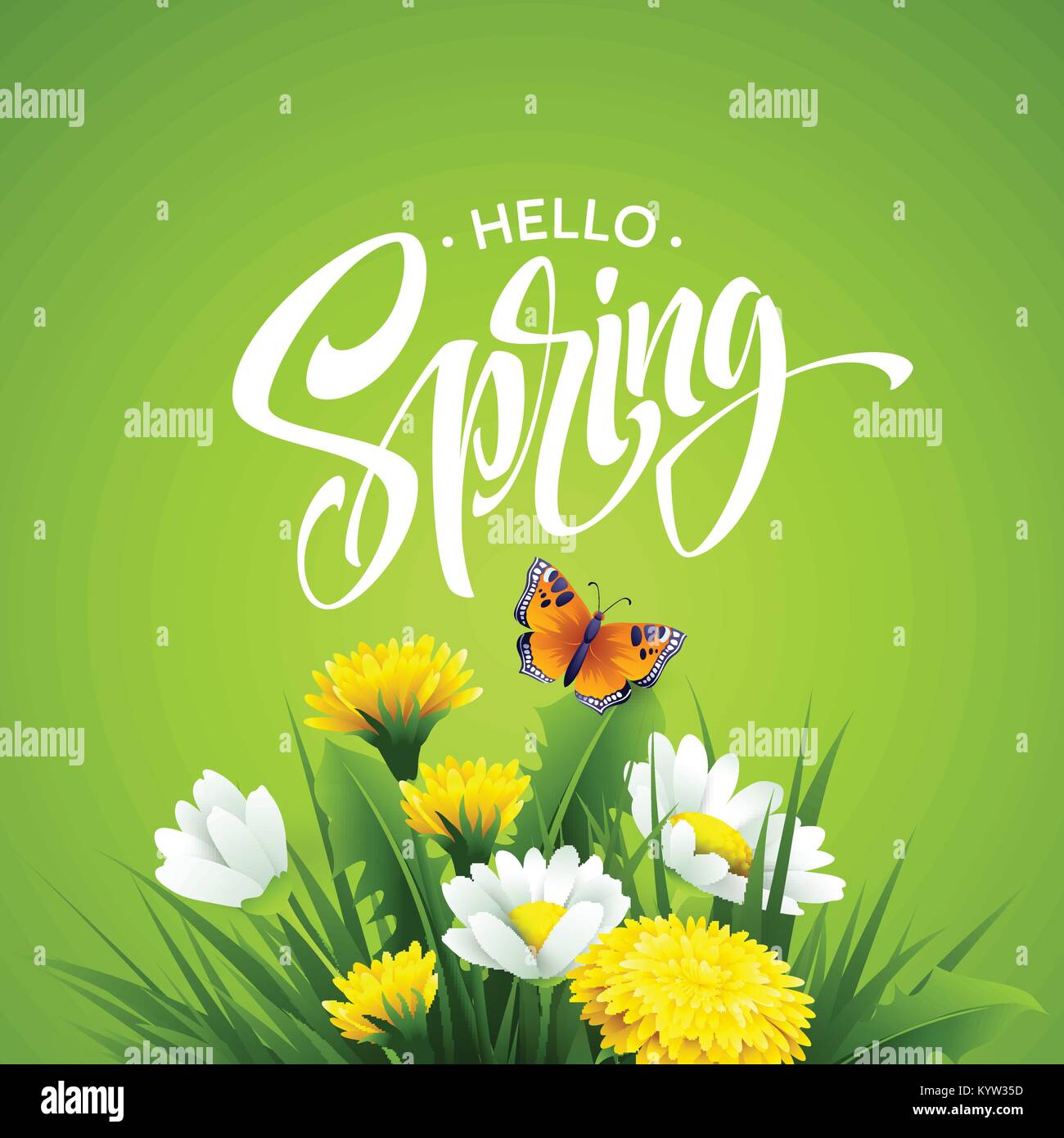 Inscription Hello Spring on background with spring flowers. Vector ...