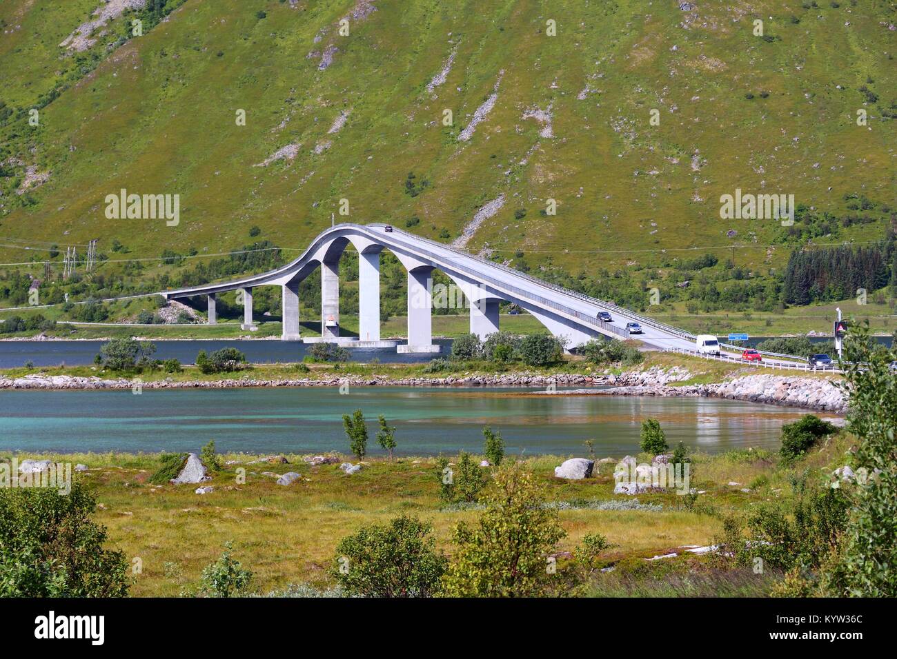 Lofoten archipelago in Norway. Gimsoystraumen bridge between islands of ...