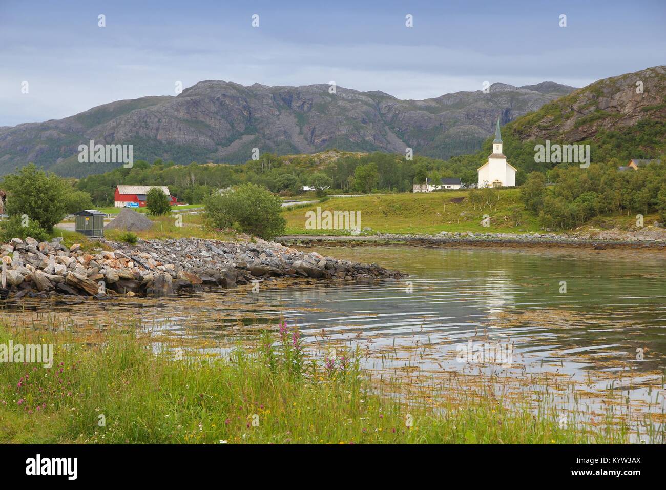 Bindal municipality in Norway. Rural landscape with village church ...