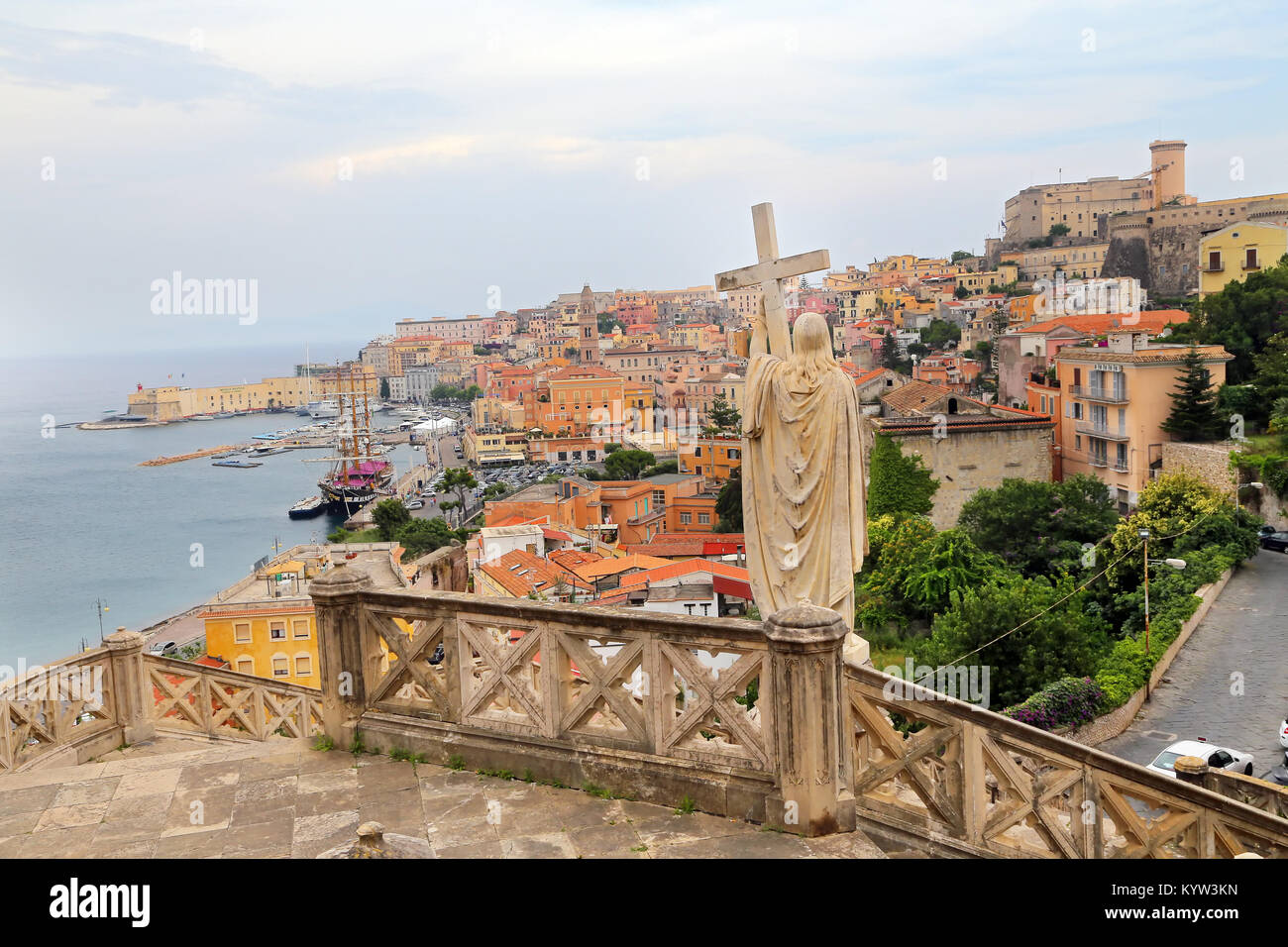 Jesus Christ holds passion cross marble statue in Gaeta, southern Italy ...