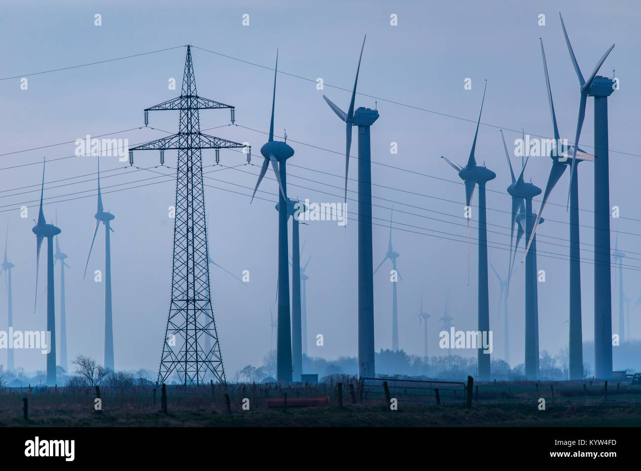 Wind energy plant, wind farm in East Frisia, Lower Saxony, Northern ...
