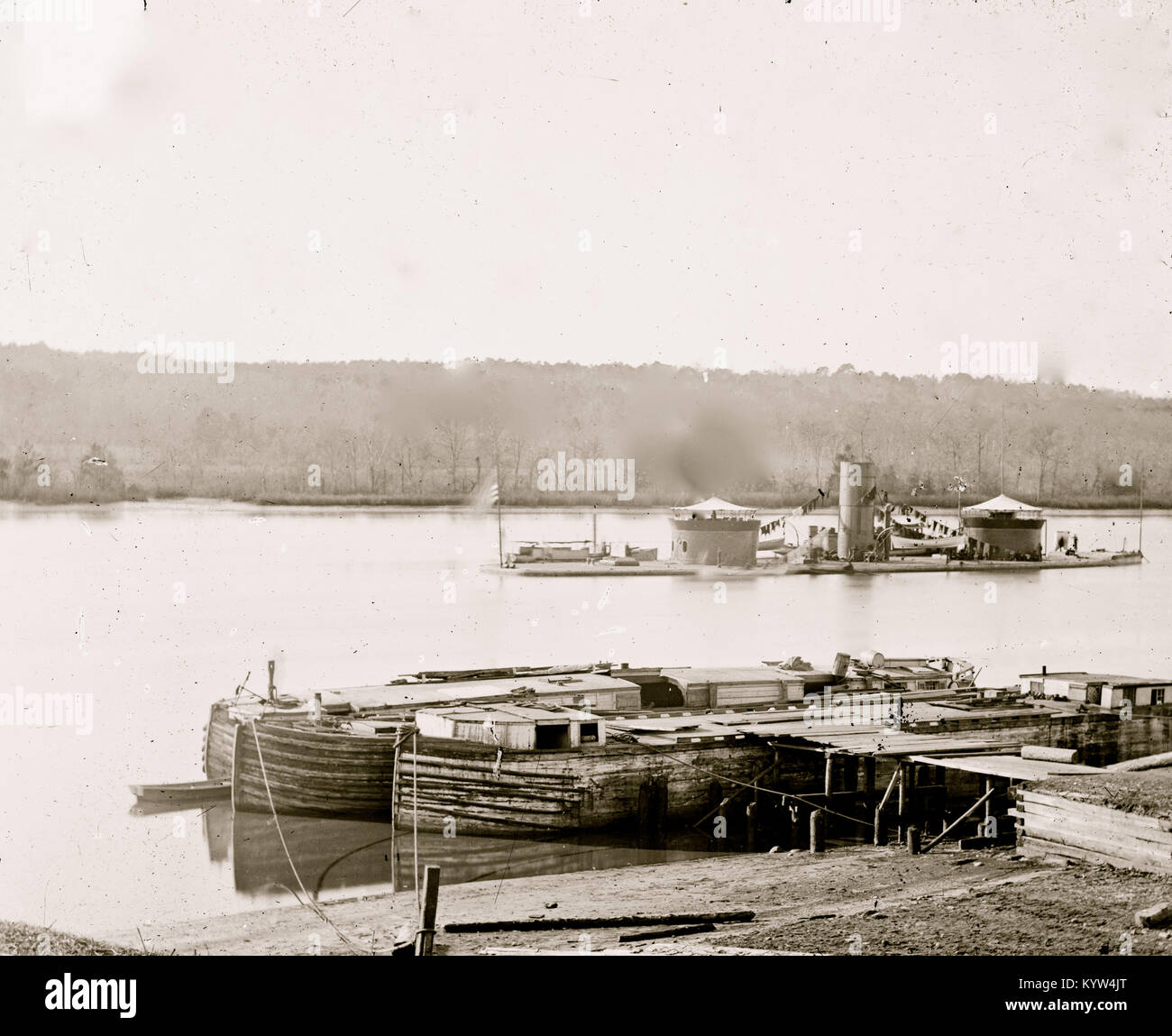 Aiken's Landing, Va. Double-turreted monitor U.S.S. Onondaga on the ...