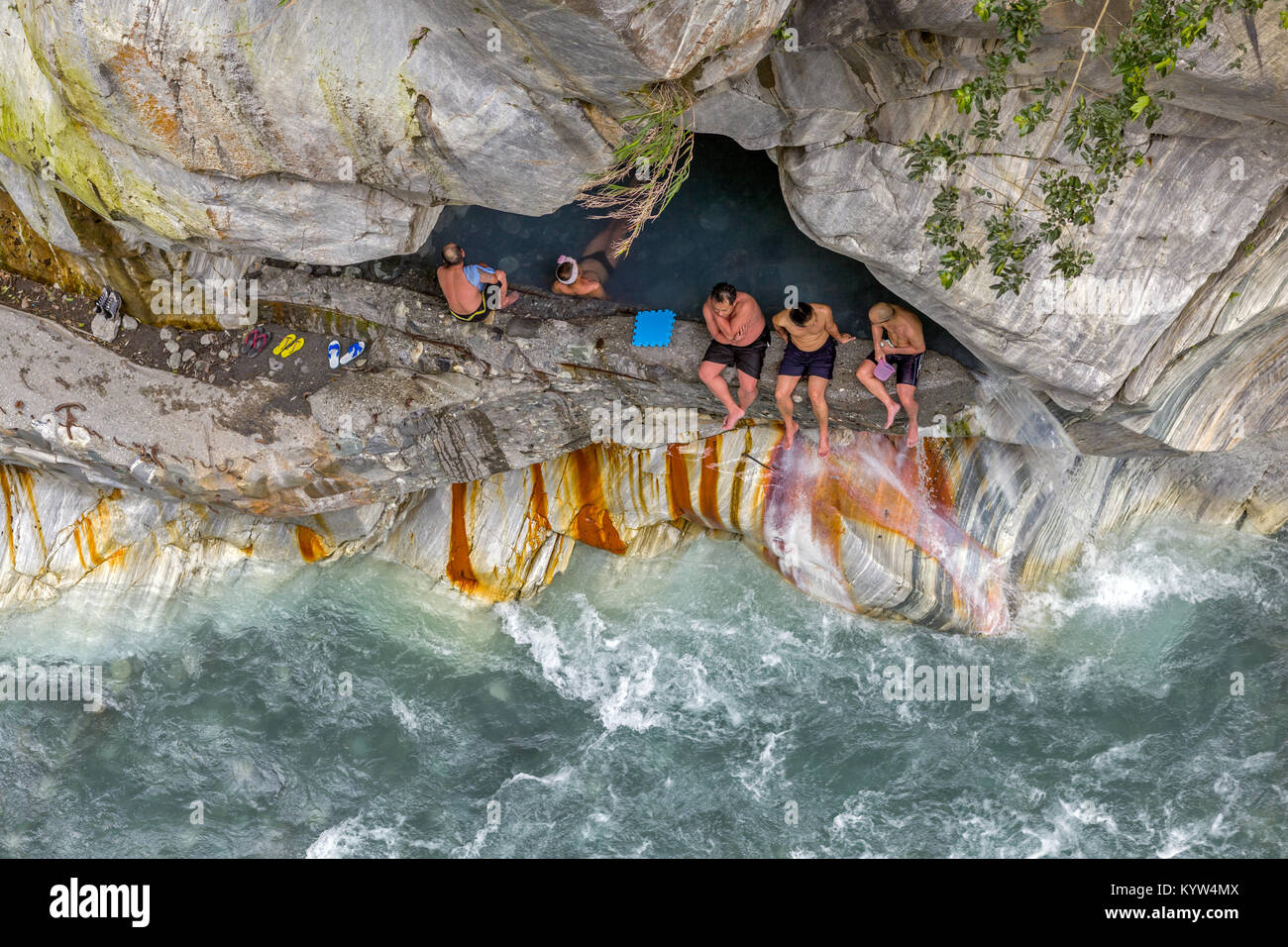 Bathers are relaxing at the hot pools of the Wenshan Hot Springs in the ...