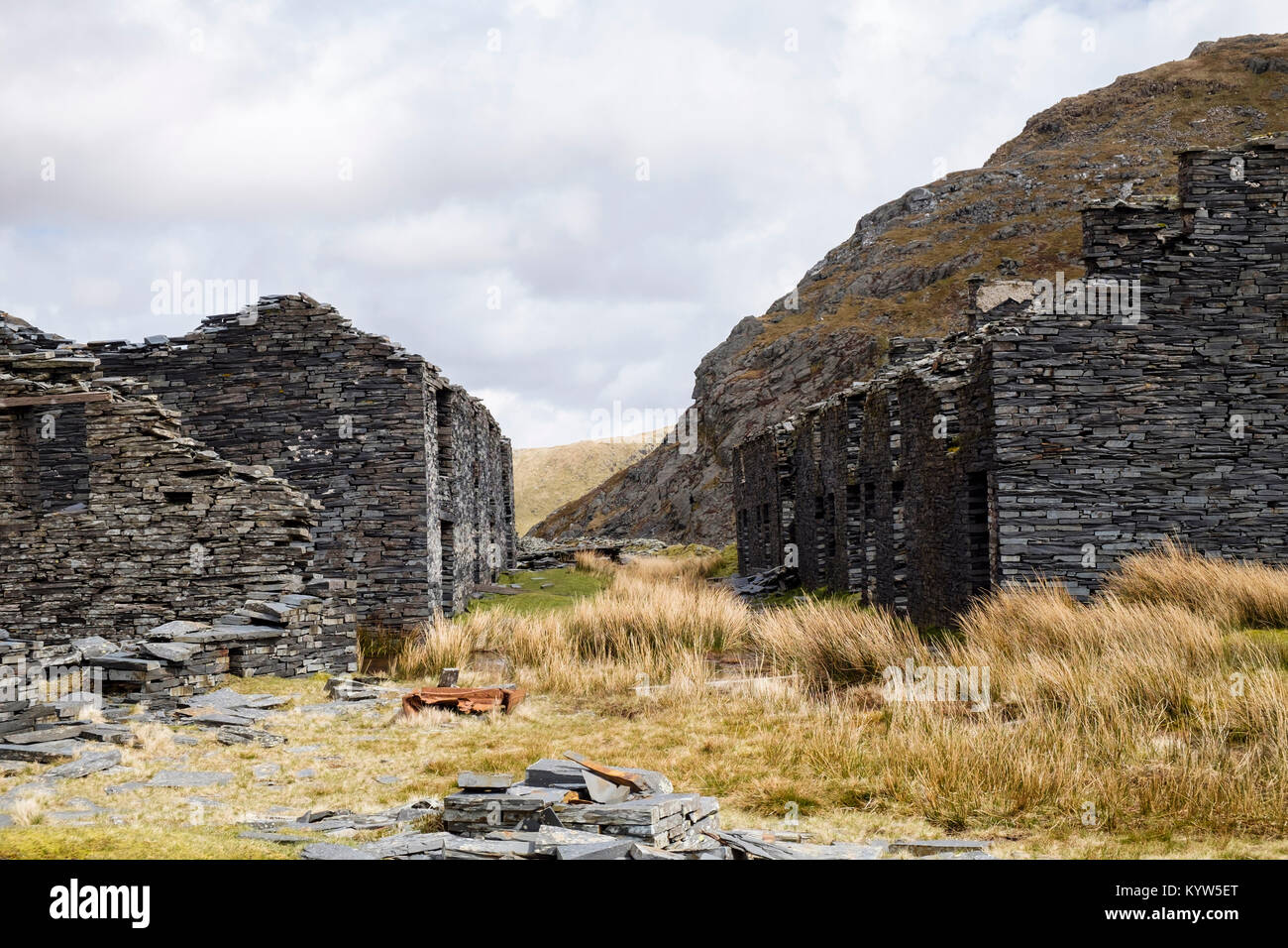 Old derelict ruins of Rhosydd slate quarry quarrymen's barracks at ...