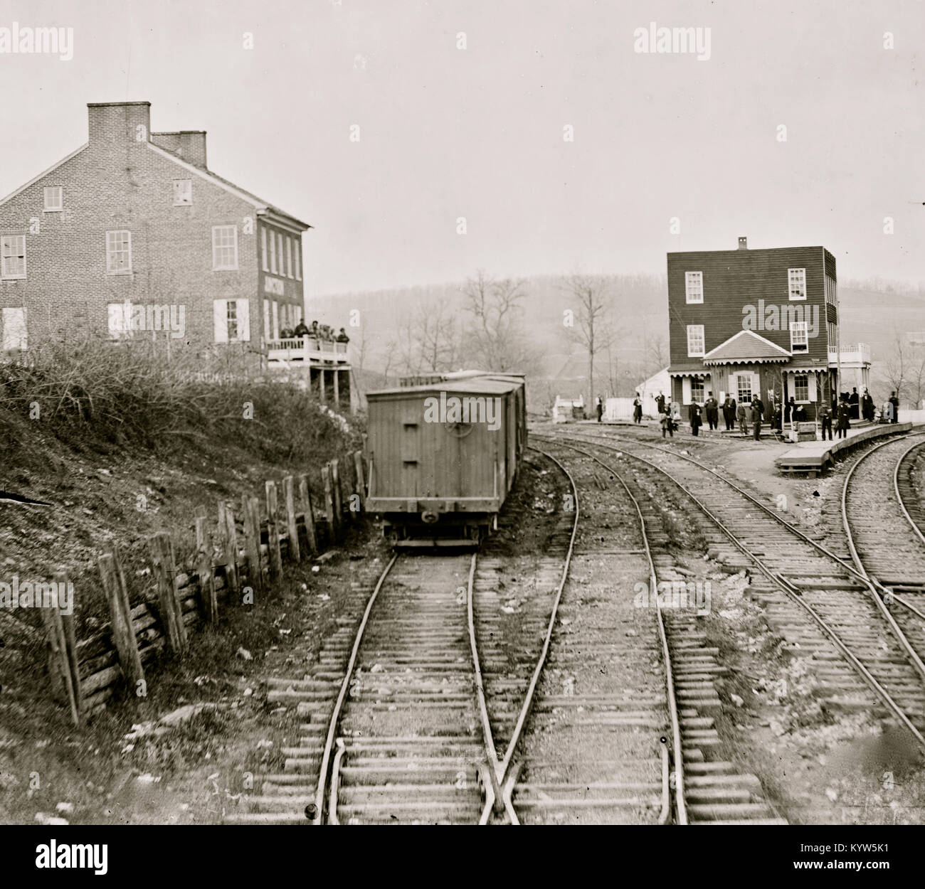 Hanover Junction, Pennsylvania. View of railroad station and boxcars ...