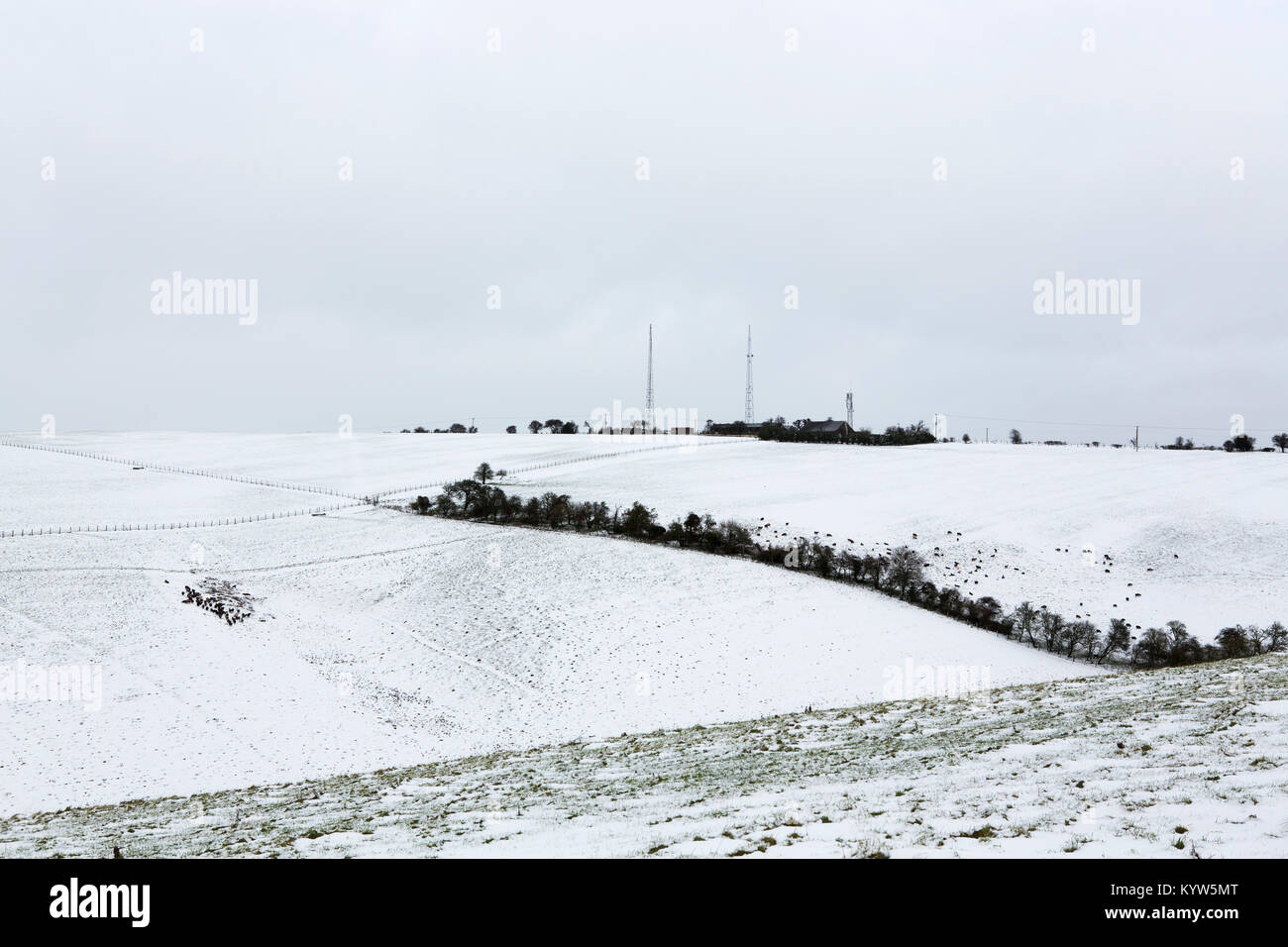 Light dusting of snow on the South Downs in Hampshire. Dark grey skies ...