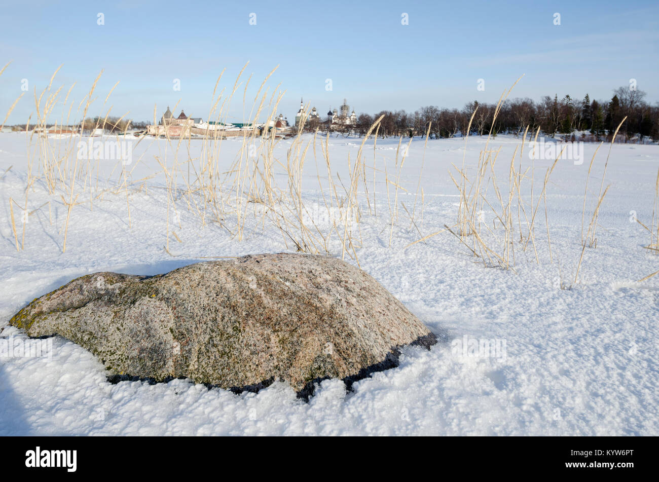 Russia, Arkhangelsk region, Solovki. View from the White Sea. The stone ...