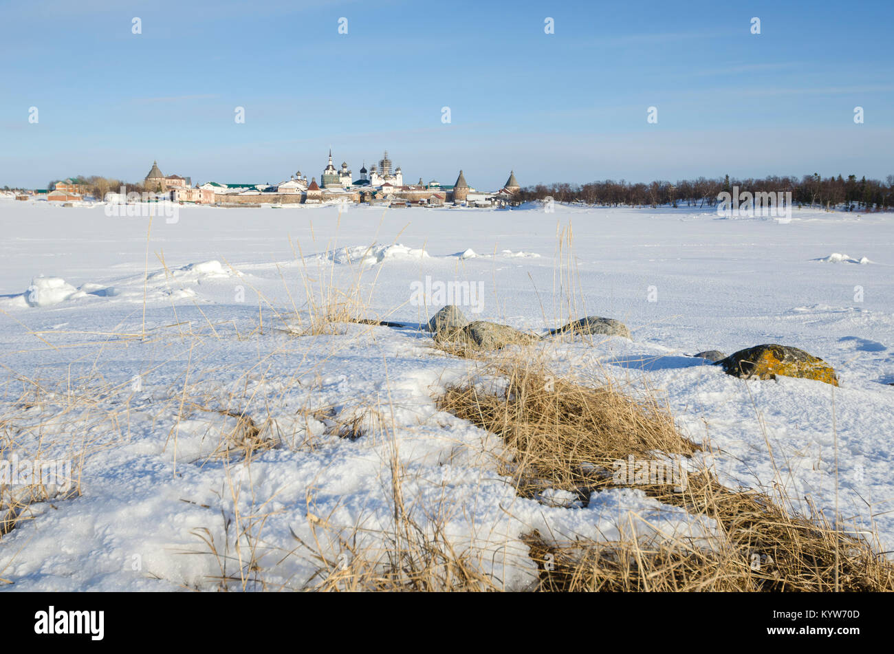 Russia, Arkhangelsk region, Solovki. View from the White Sea. The stone ...