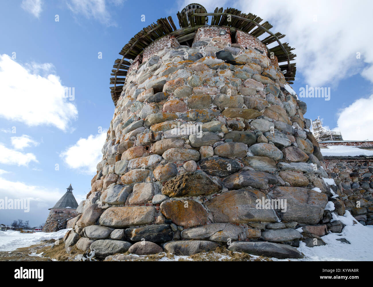 Medieval stone tower in the fortress of the Solovetsky Monastery ...