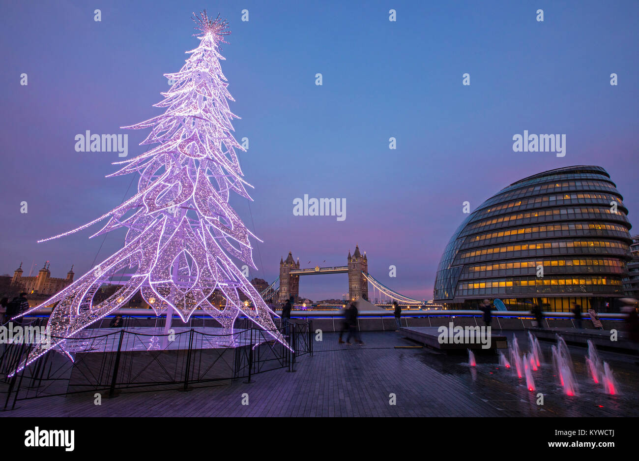 A view of Tower Bridge, City Hall and a festive Christmas Tree in ...