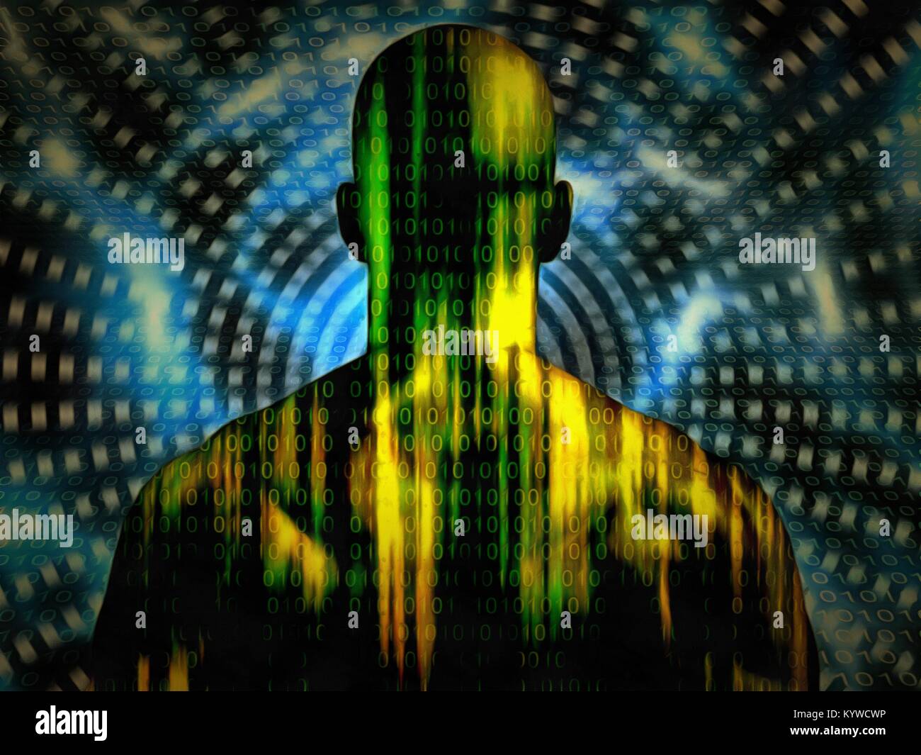 Surreal digital art. Well built man with binary code on a skin. 3D ...